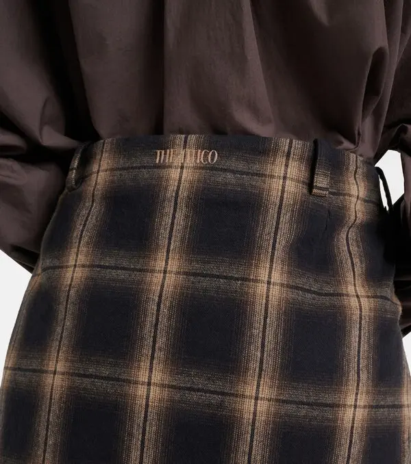Attico Plaid Pleated Cotton Midi Skirt - Brown