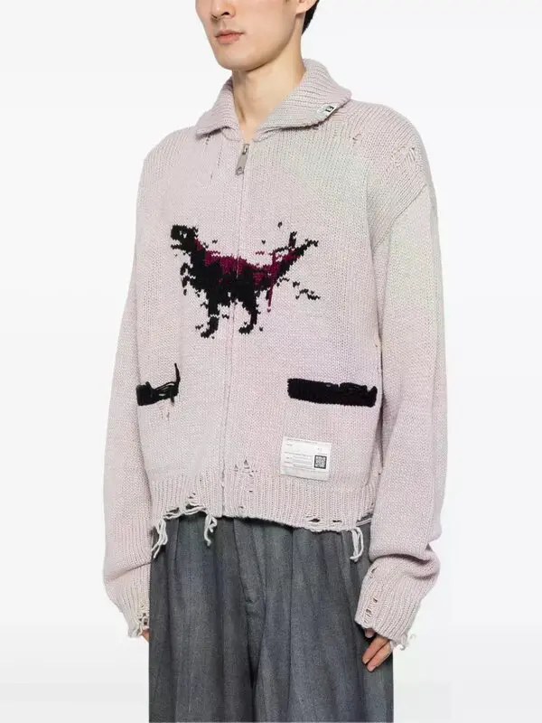 Mihara Yasuhiro Dinosaur Intarsia Distressed Zip-up Cardigan - Pink