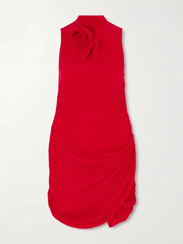Magda Butrym Ruched Jersey Mini Dress With Rose Appliqu - Red