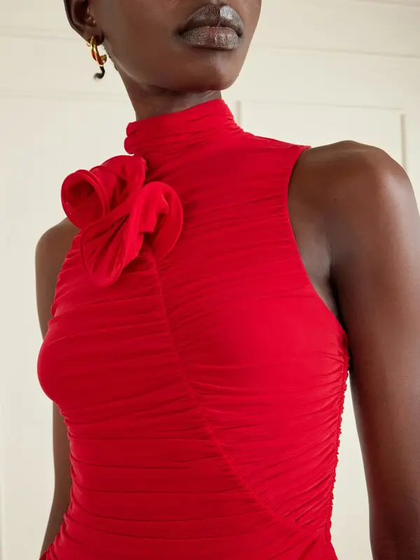 Magda Butrym Ruched Jersey Mini Dress With Rose Appliqu - Red