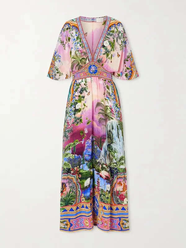 Camilla Embellished Tropical Print Silk Maxi Dress - Multi