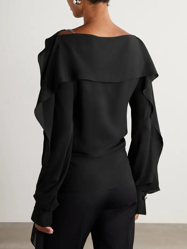 LANVIN Ruffled Silk-crepe Blouse With Silver-tone Embellishments - Black