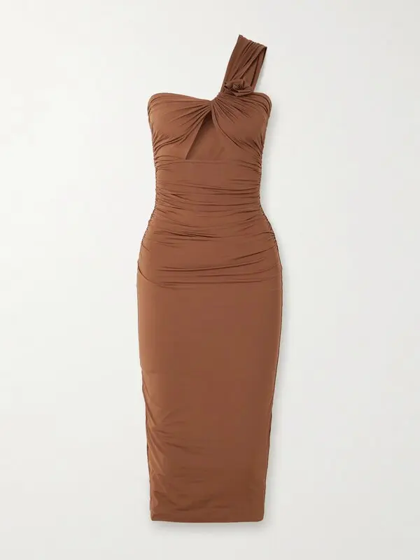 MAYGEL CORONEL Arcano One-shoulder Appliquéd Cut-out Ruched Stretch-jersey Midi Dress - Brown