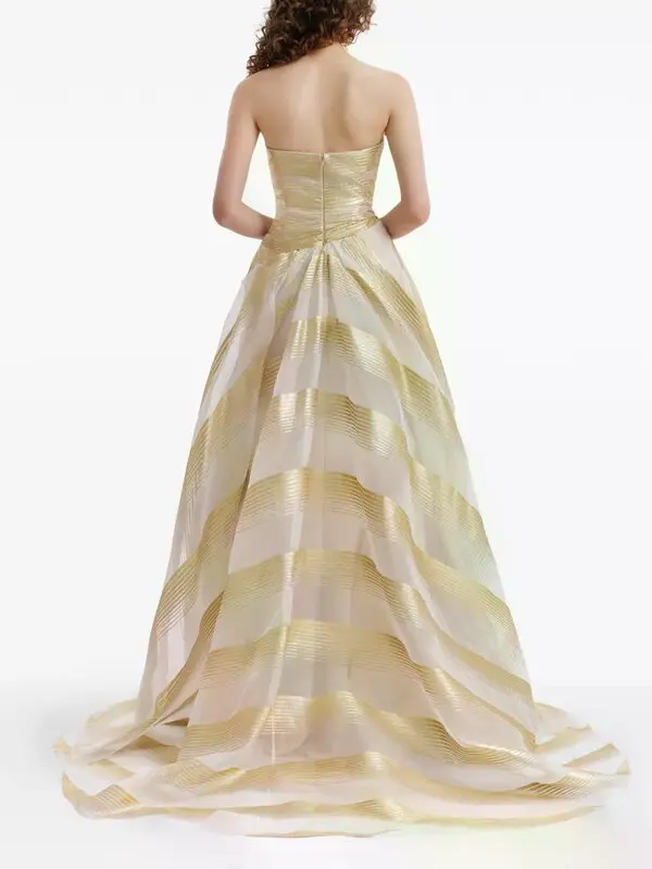 GEMY MAALOUF Off-shoulder Gown With Gold Petal Embellishments And Striped Pattern