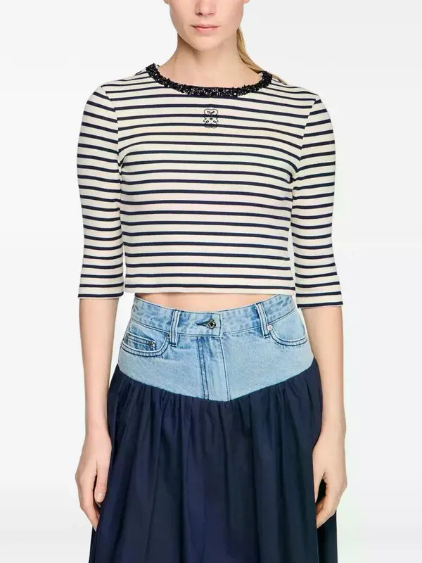 Sandro Striped Cropped Top With Beaded Round Neck