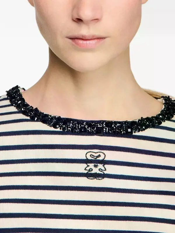 Sandro Striped Cropped Top With Beaded Round Neck