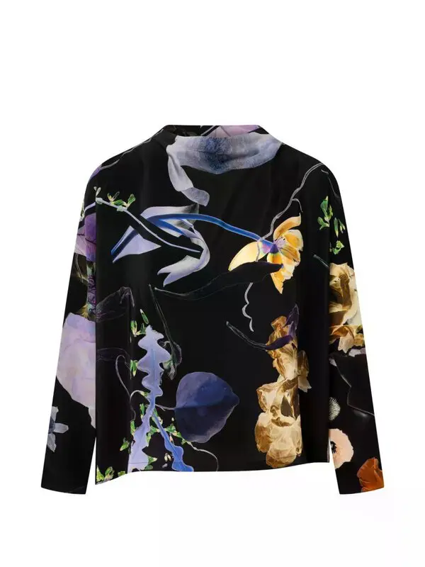 ANNTIAN Asymmetric Floral Print Long Sleeve Blouse