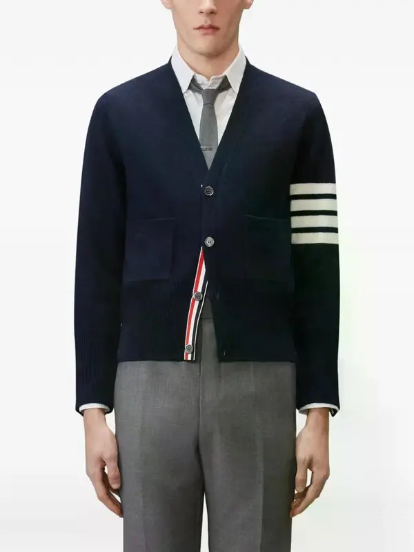 Thom Browne V-neck Cardigan With Intarsia Stripe Detail - Blue