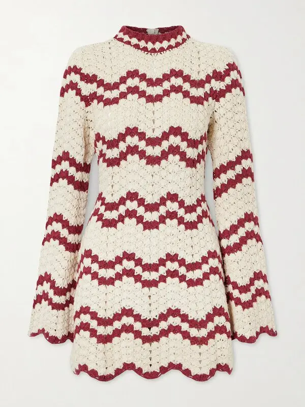 Alix Of Bohemia Romy Scalloped Striped Crocheted Cotton Mini Dress - Neutrals