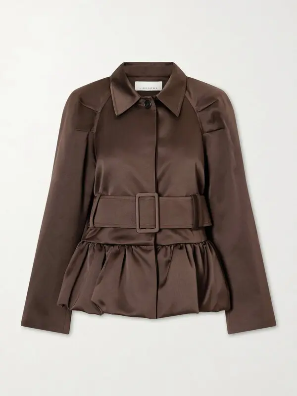LIBEROWE Belted Peplum Satin Jacket - Brown