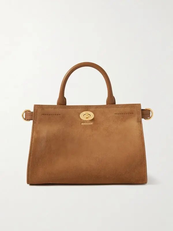 Burberry Suede Tote With Leather Trim - Brown