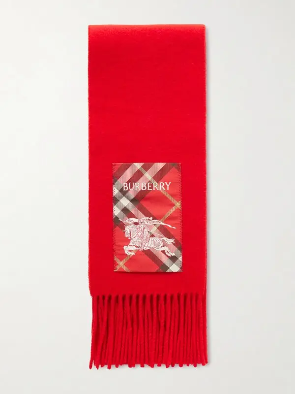 Burberry Appliquéd Fringed Cashmere Scarf - Red