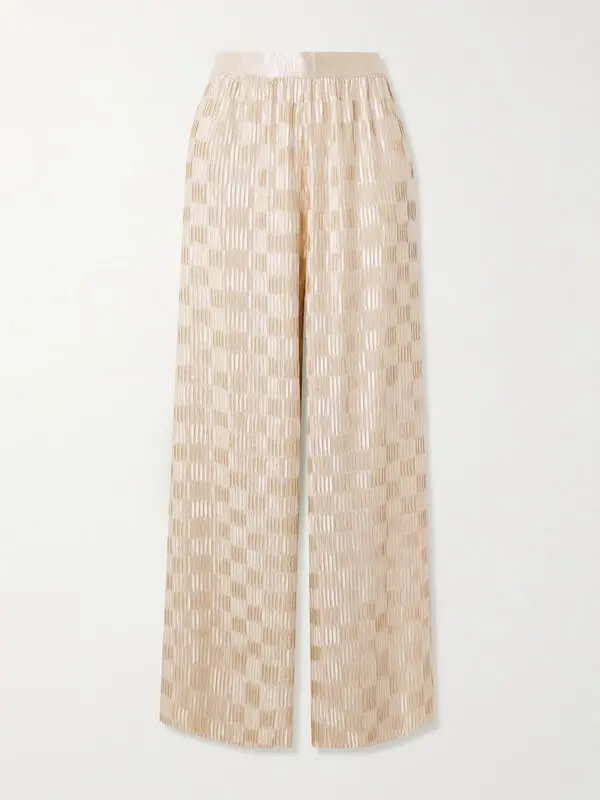 DIMA AYAD Plissé-satin Wide-leg Checkered Trousers - Neutrals