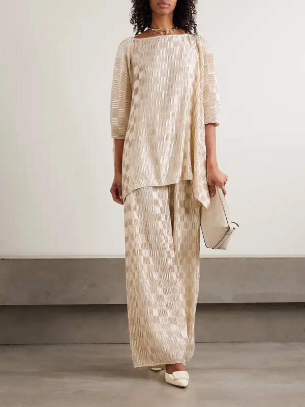 DIMA AYAD Plissé-satin Wide-leg Checkered Trousers - Neutrals