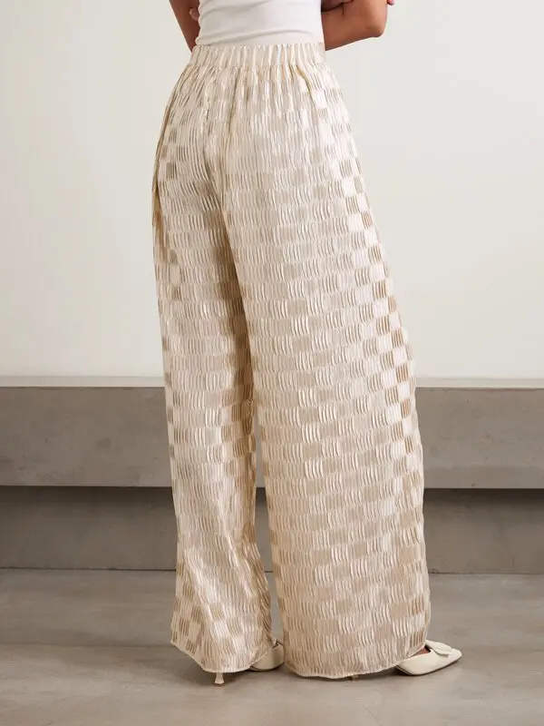 DIMA AYAD Plissé-satin Wide-leg Checkered Trousers - Neutrals