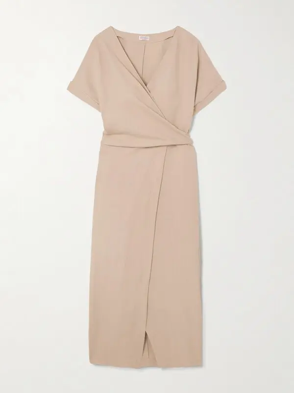Brunello Cucinelli Embellished Woven Midi Wrap Dress - Neutrals