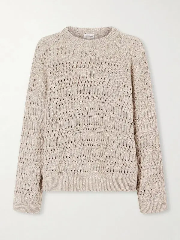Brunello Cucinelli Sequined Open-knit Linen-blend Sweater - Neutrals
