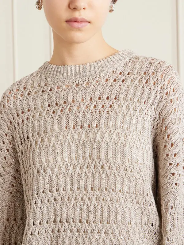Brunello Cucinelli Sequined Open-knit Linen-blend Sweater