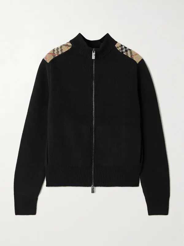 Burberry Checked Ribbed Wool And Cashmere-blend Turtleneck Cardigan - Black