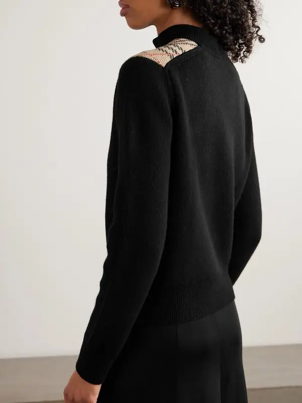 Burberry Checked Ribbed Wool And Cashmere-blend Turtleneck Cardigan