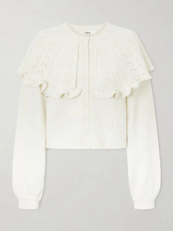 Chloé Cropped Ruffled Pointelle-knit Wool And Cashmere-blend Cardigan - Neutrals