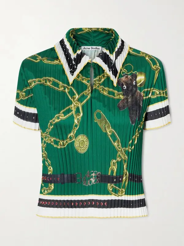 Acne Studios Pleated Printed Twill Polo Shirt - Green