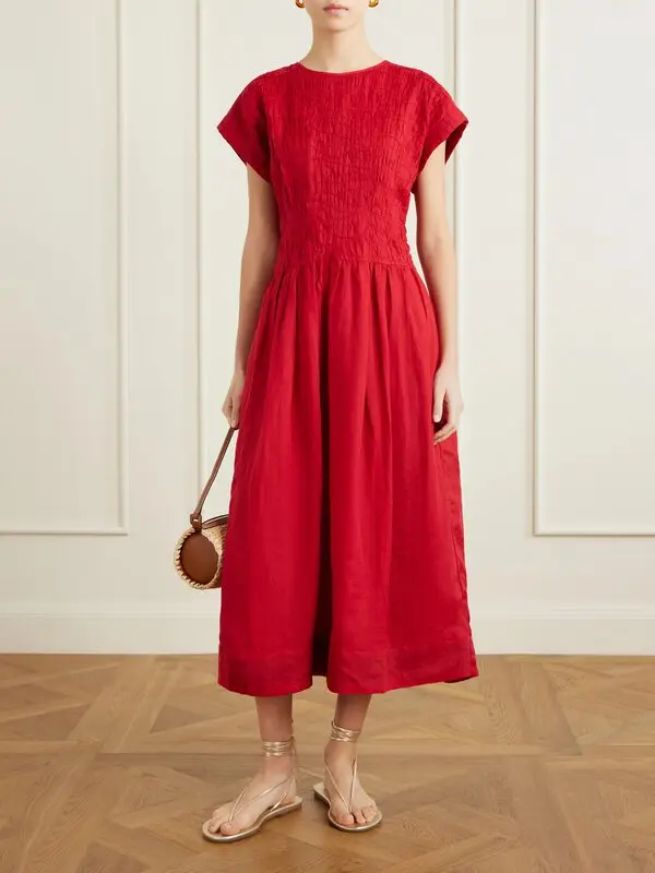Sea Imogen Smocked Pleated Ramie Midi Dress