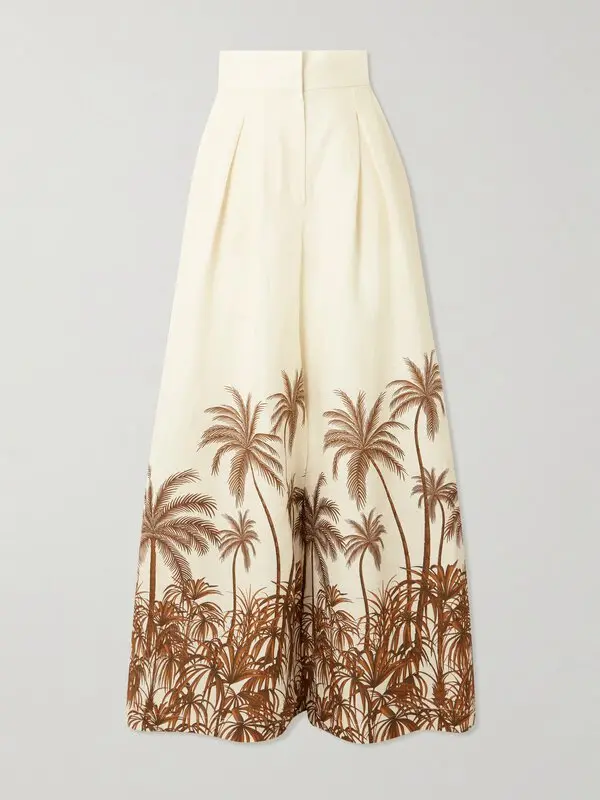 ANDRES OTALORA Desperte Pleated Printed Linen Wide-leg Trousers - Brown