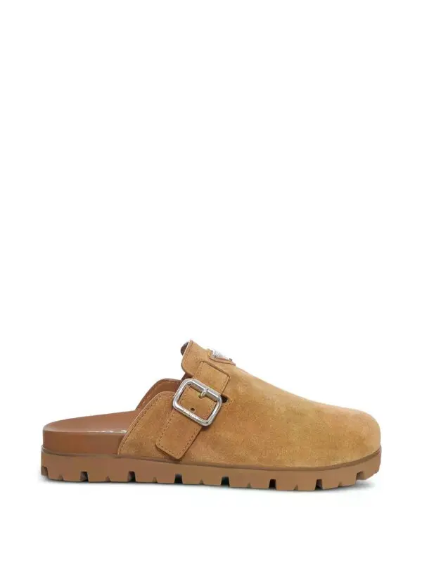 Prada Suede Logo Plaque Mules