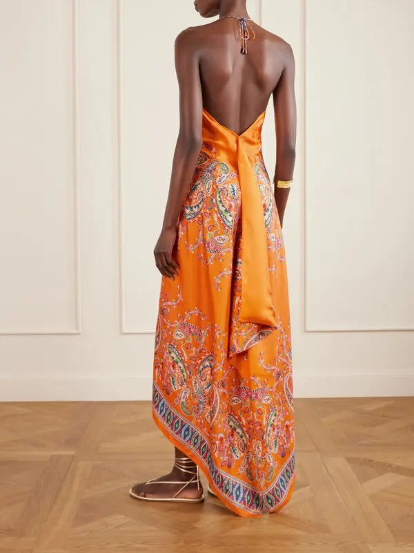 Etro Paisley-print Silk-twll Halterneck Maxi Dress - Orange