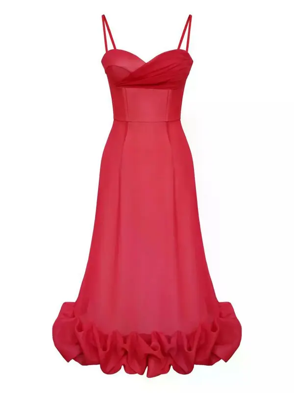 POST MERIDIEM Draped Bodice Flounced Hem Midi Dress - Red