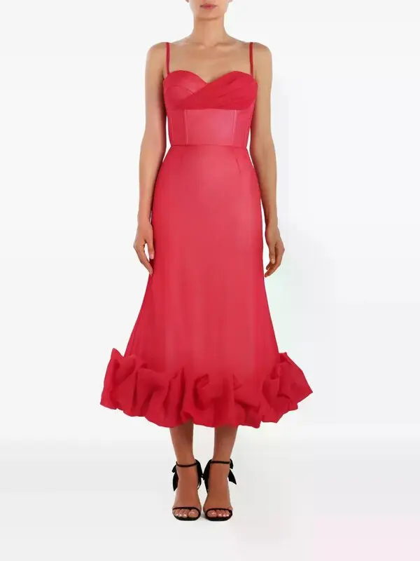 POST MERIDIEM Draped Bodice Sweetheart Neckline Flounced Hem Midi Dress