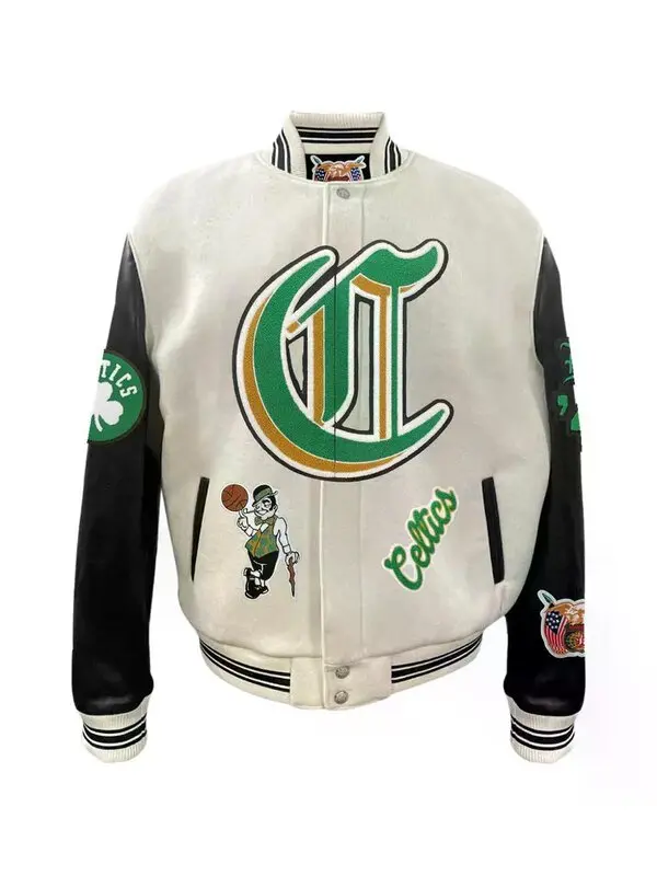 JEFF HAMILTON Boston Celtics Embroidered Leather Bomber Jacket - Neutrals