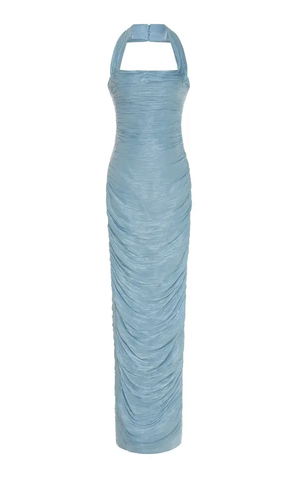 MARMAR HALIM Ruched Satin Maxi Gown - Light Blue