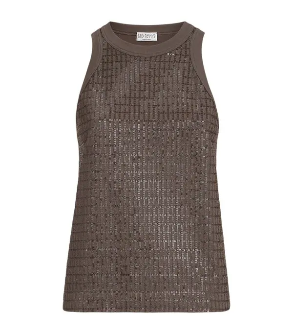 Brunello Cucinelli Embellished Stretch-cotton Tank Top - Brown