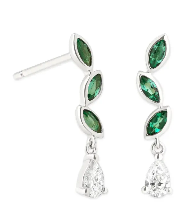 ASTRID & MIYU White Gold Diamond And Emerald Marquise Earrings - Silver