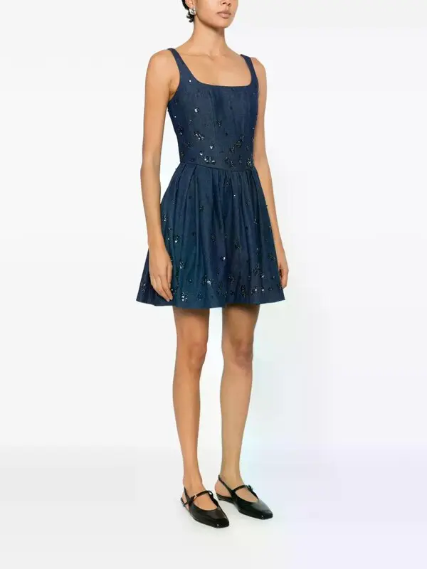 Maje Flared Embroidered Denim Mini Dress - Blue