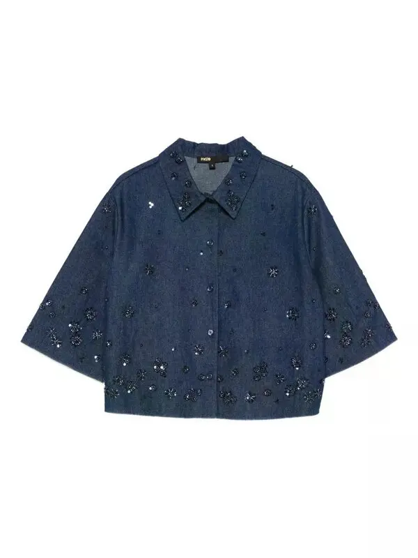 Maje Embellished Cropped Denim Shirt - Blue
