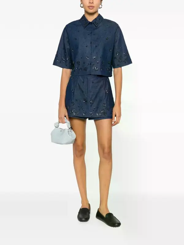Maje Embellished Cropped Denim Shirt - Blue