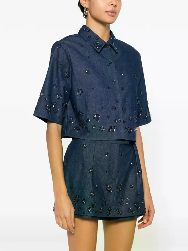 Maje Embellished Cropped Denim Shirt - Blue
