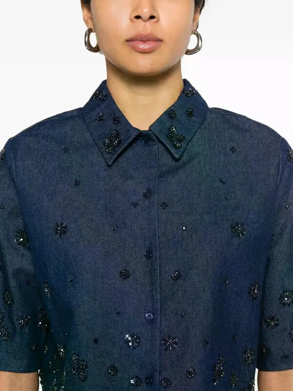 Maje Embellished Cropped Denim Shirt - Blue