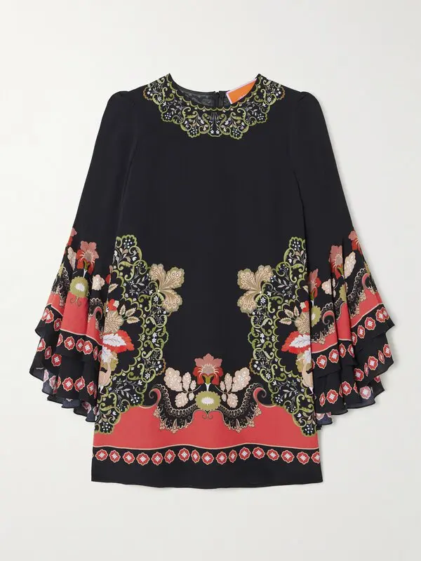 La DoubleJ Friday Ruffled Printed Crepe Mini Dress - Black