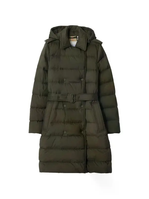 Burberry Hooded Double-breasted Puffer Coat With Belt - Green