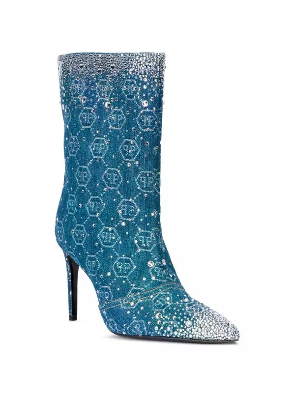 Philipp Plein Rhinestone Embellished Monogram Denim Boots