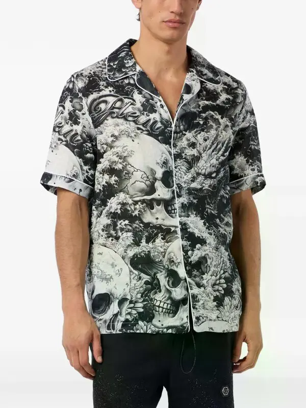 Philipp Plein Skull Dragon Print Bowling Shirt - Black