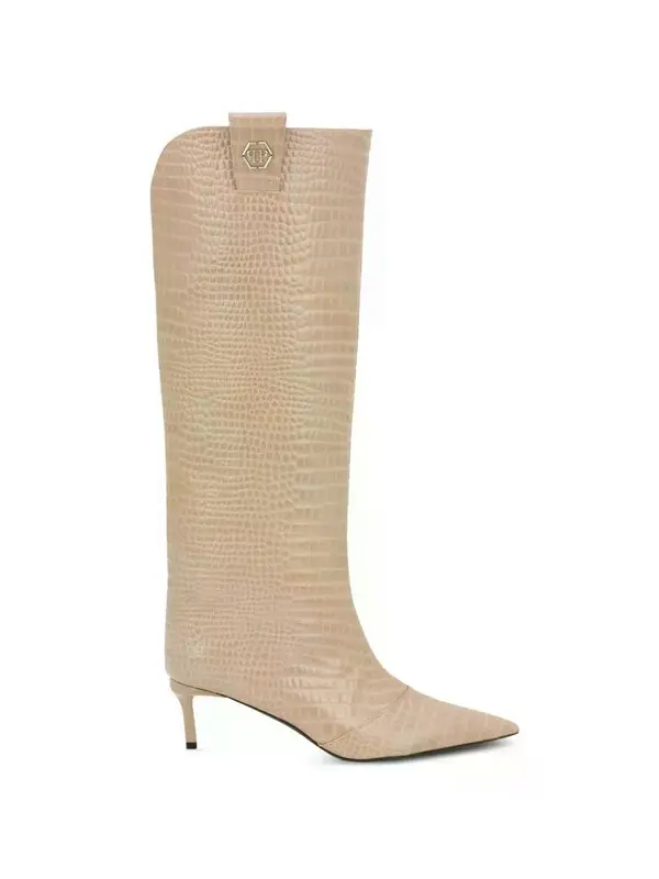 Philipp Plein Croc Effect Logo Detail Knee High Boots
