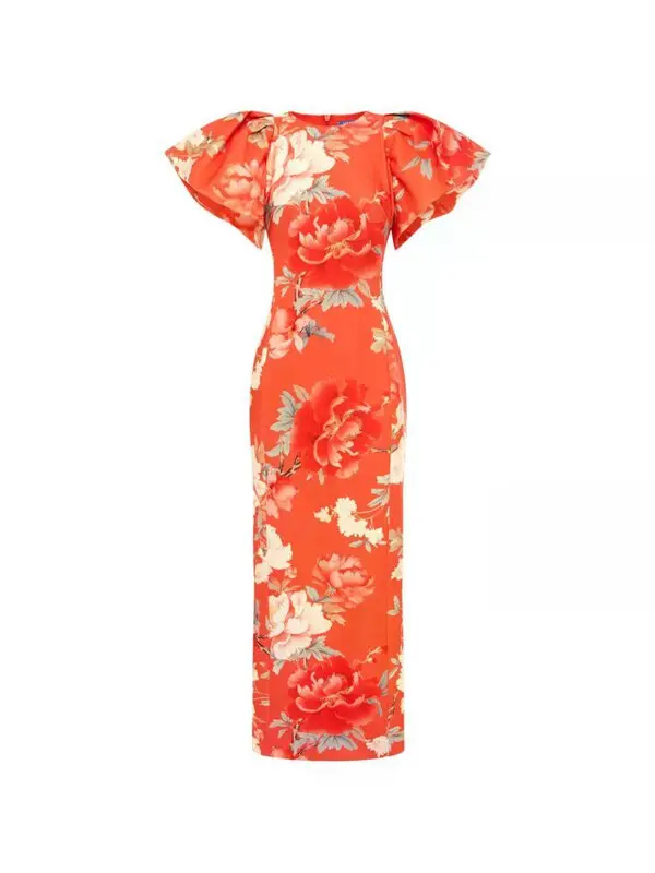LEO LIN Lucinda Floral Puffed-sleeve Midi Dress - Orange
