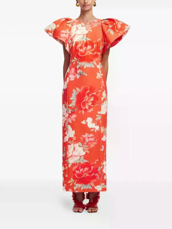 LEO LIN Lucinda Floral Puffed-sleeve Midi Dress - Orange