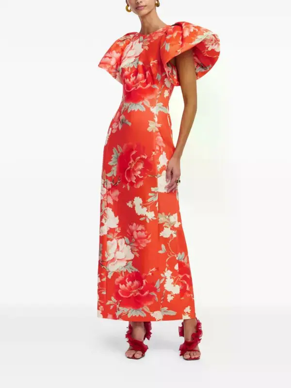 LEO LIN Lucinda Floral Puffed-sleeve Midi Dress - Orange