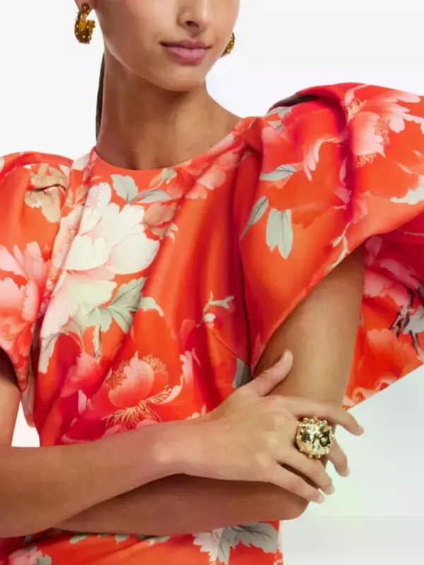 LEO LIN Lucinda Floral Puffed-sleeve Midi Dress - Orange
